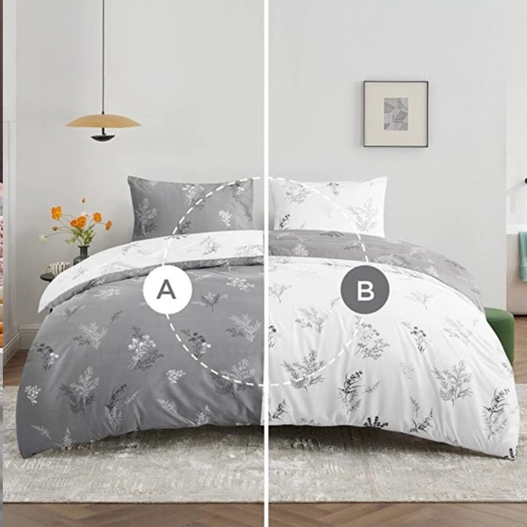 Bedding | Reversible Floral Print Gray White Duvet Cover Set | Poshmark